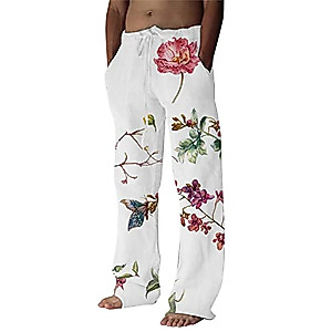 Mens Linen Pants Beach Hawaii Print Casual Summer Plus Size Lounge Pants Elastic Waist Drawstring Baggy Trousers with Pockets