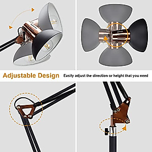 DLLT Modern Metal Floor Lamp, Flexible Swing Arms Reading Floor Lamp with Metal Shade, Adjustable Head Tall Industrial Standing Lamp for Living Room, Bedroom, Office, Study Room, E26(Matte Grey)