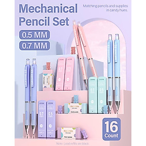 FourCandies Pastel Mechanical Pencil Set - 6PCS 0.5mm&0.7mm Mechanical Pencils with 360PCS HB Lead Refills, 3PCS Erasers and 9PCS Eraser Refills, Cute Colored Mechanical Pencils for Drawing & Writing