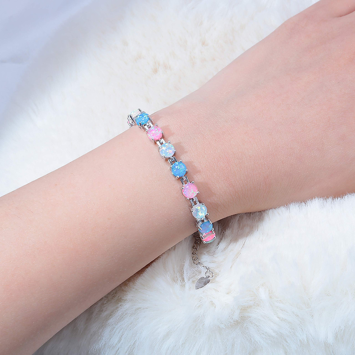 CiNily Created White Blue Pink Fire Opal Rhodium Plated for Women Jewelry Gemstone Bracelet 7"-8 1/2"