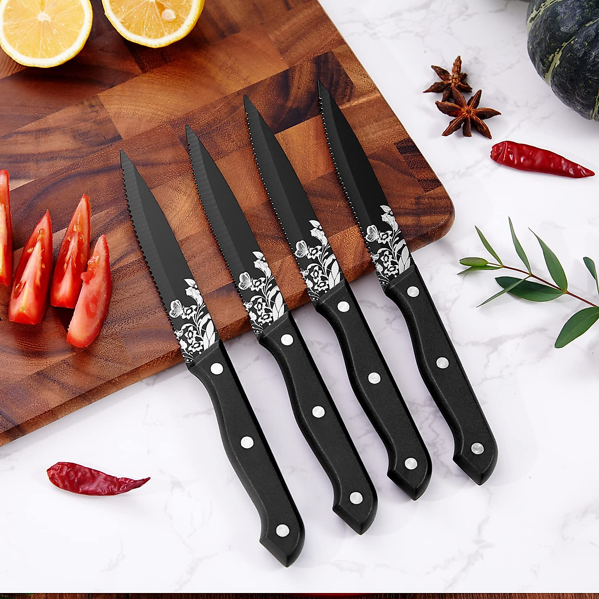 Fivent 24-Piece Black Butterfly Silverware Set, Service for 4, Stainless Steel Flatware Set with Steak Knives, Mirror Polished Cutlery Set, Hand Wash Recommended…