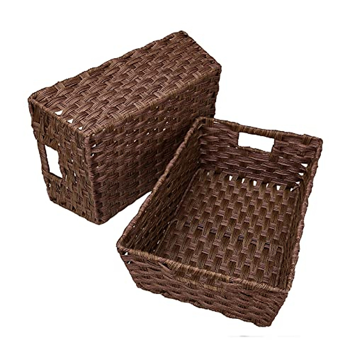 Onlytak Large Wicker Storage Basket, Metal Frame, Set of 2, Washable Waterproof, 15" x 10.3" x 5.2", Brown Color, Woven Basket for Pantry, Toilet, Bathroom, Bedroom, Patio