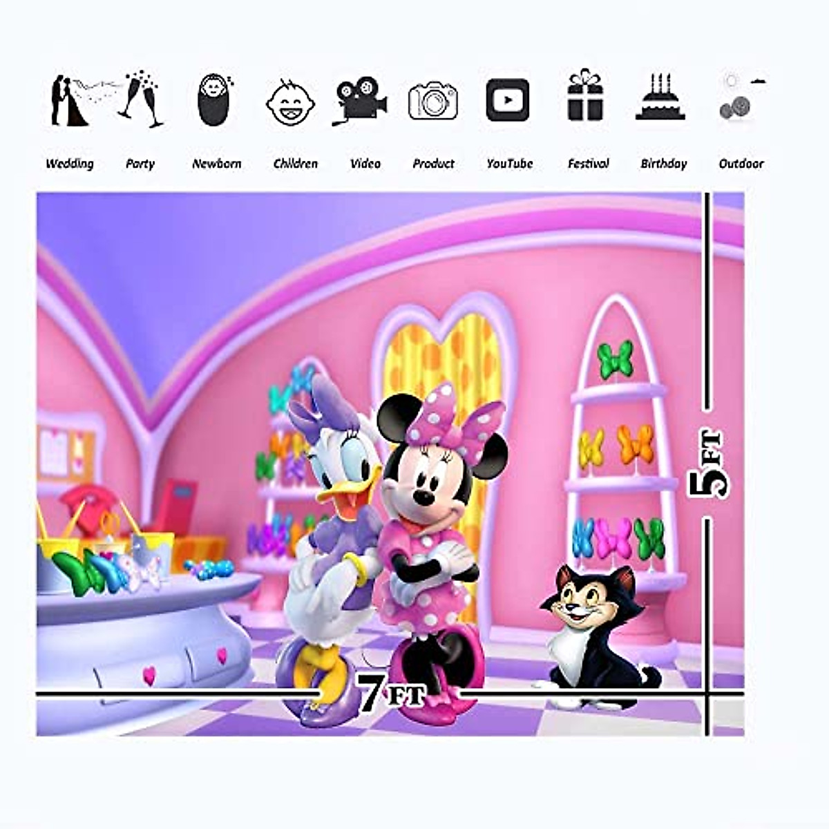 Moonlight Studio Minnie Mouse and Daisy Bowtique Backdrop 7x5 Happy Birthday Minnie Mouse and Daisy Duck Background for Girls 2nd Birthday Vinyl Minnie Mouse Bowtique Birthday Party Supplies