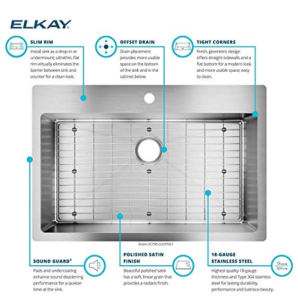 Elkay ECTSRS33229TBG1 Crosstown Single Bowl Dual Mount Stainless Steel Sink Kit