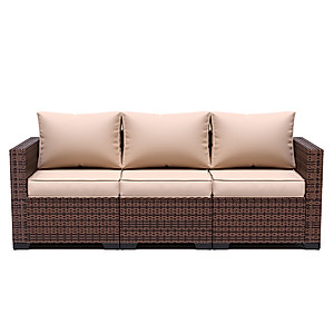 UDPATIO 3-Seat Patio Wicker Sofa, Outdoor Rattan Sectional Couch Furniture Steel Frame w/Furniture Cover Non-Slip Cushion and Deep Seating High Back, Khaki