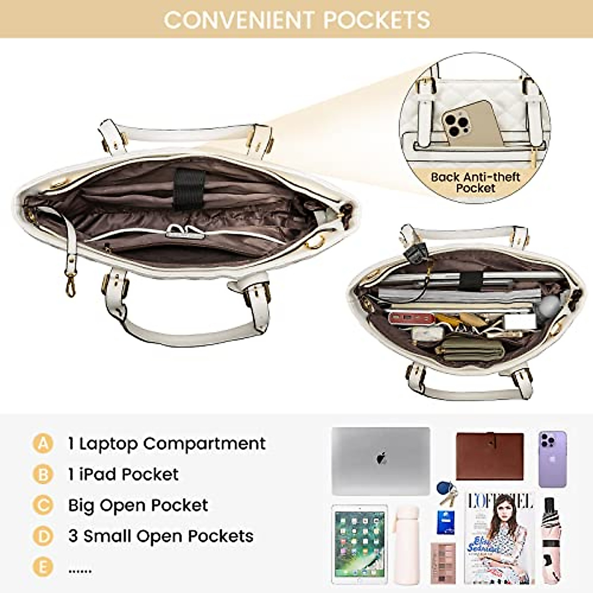 LOVEVOOK Laptop Bag for Women, Work Tote Bag Quilted Leather Computer Shoulder Bag, 15.6 inch Laptop Tote Purse Set, Waterproof Business Briefcase Handbag 2 PCS for Office,Teacher Beige