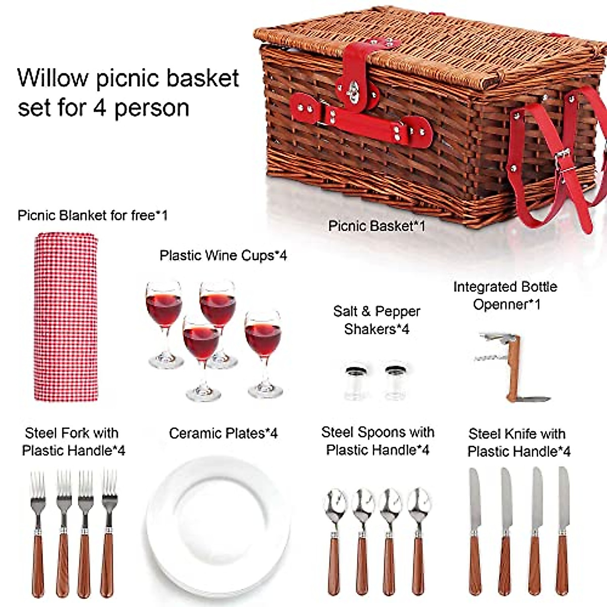 Wicker Picnic Basket Set for 4 Persons with Large Insulated Cooler Bag and Waterproof Picnic Blanket, Willow Picnic Hamper for Family, Outdoor, Camping, Party(Red)