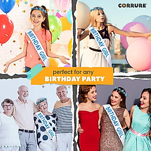 CORRURE 'Birthday Girl' Sash and Tiara - Soft Satin Black with Blue Glitter Birthday Sash for Women with Flower Headband - Ideal Sweet 16, 18th 21st 25th 30th 40th or Any Other Bday Party