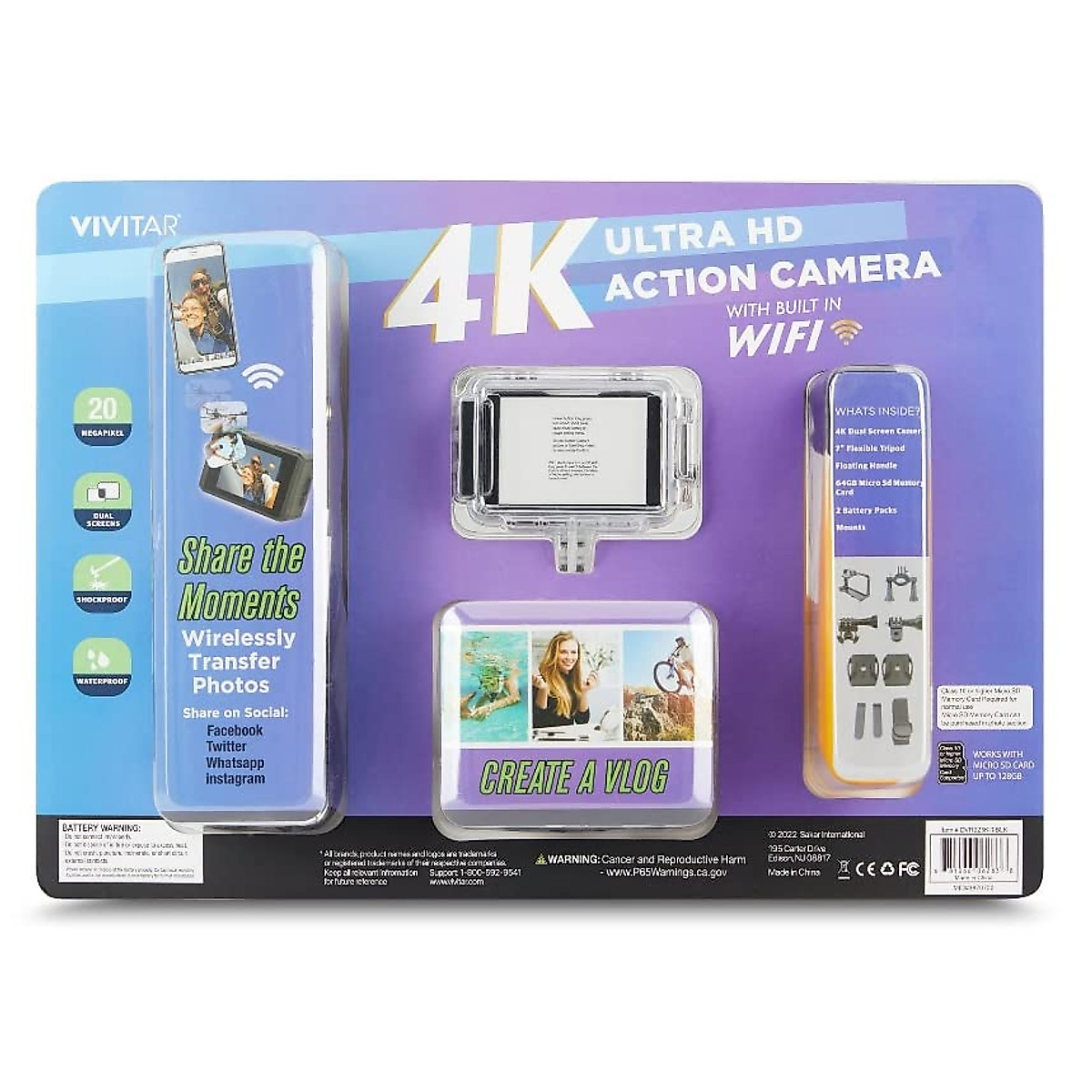 Vivitar 4K Ultra HD Action Camera Bundle Dual Screens, WiFi, 64GB SD, 2 Batteries, Waterproof Case, EIS & More