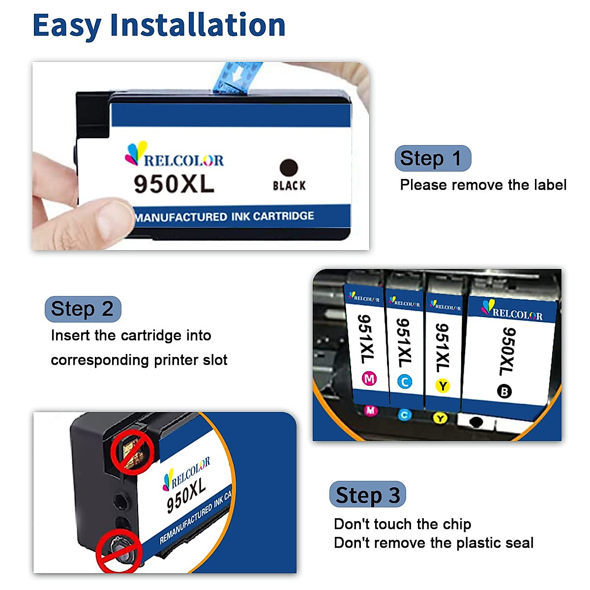 Relcolor 950XL 951XL Combo Ink Cartridge for HP 950 951 XL Black Color Fit for OfficeJet Pro 8600 8610 8620 8630 8100 8615 8625 276dw 251dw 271dw Printers (Black Cyan Magenta Yellow 4 Pack) HP950xl