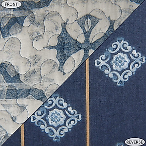 HiEnd Accents Skyler 3 Piece Quilt Set with Pillow Shams, Super Queen Size, Cotton Reversible Luxury Bedding, Blue Medallion Striped Coastal Style Bed Set, 1 Quilt and 2 Pillowcases