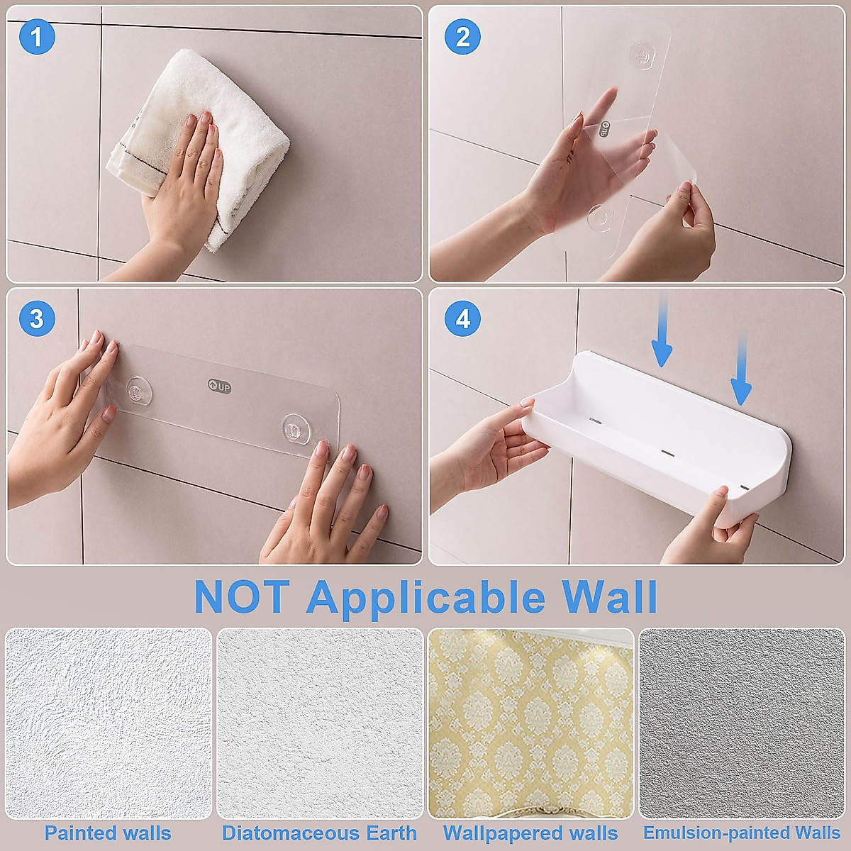 ANRUI Wall Mounted Shower Caddy, Plastic Adhesive Shelves for Wall, No Drilling Hang Shower Storage, Shower Caddies Organizer, Bathroom Shelf organizer for Bathroom, Kitchen, Cabinet Door- White