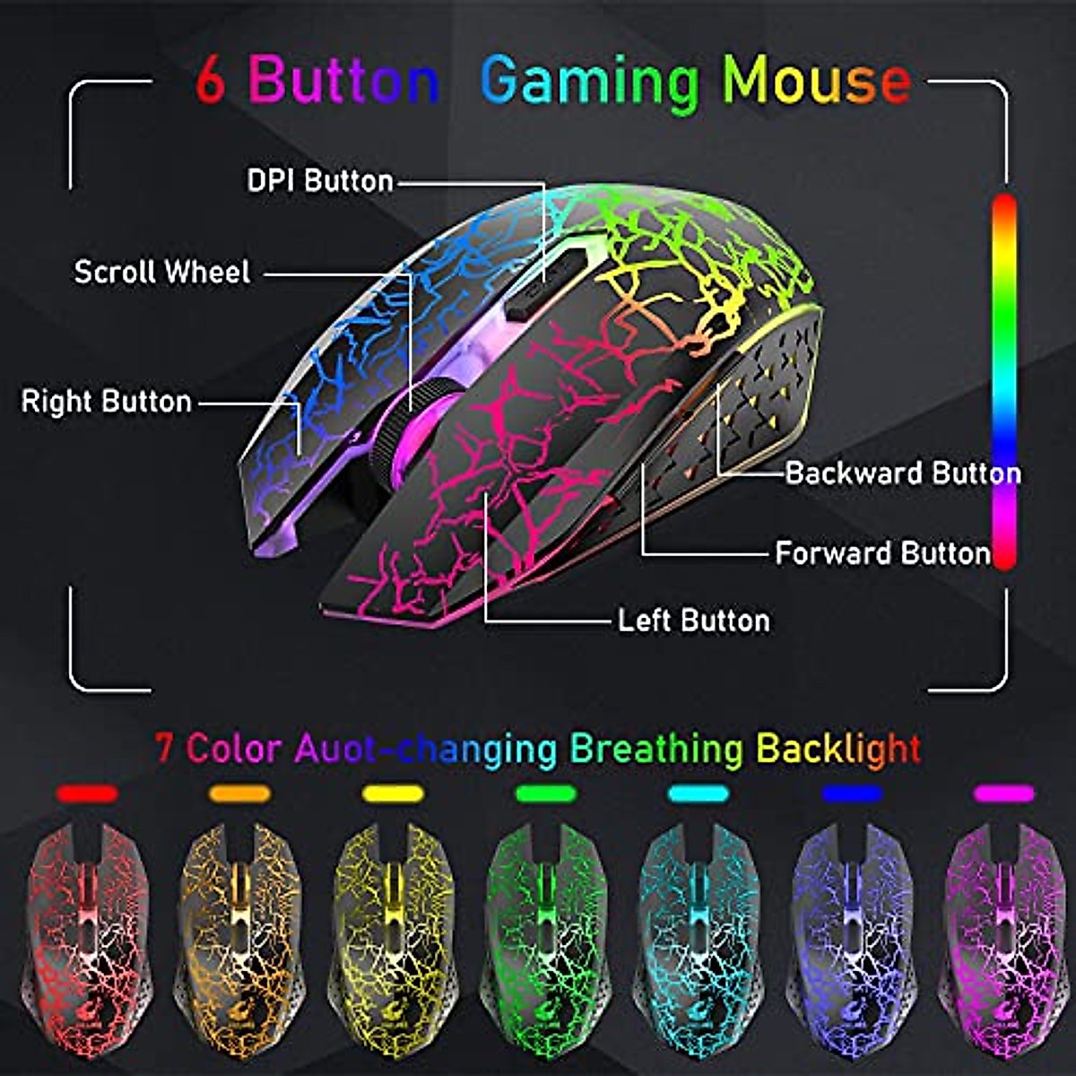 ZIYOU LANG T61 Wireless Gaming Keyboard and Mouse Combo with Ergonomic 61 Key Rainbow LED Backlight Anti-ghosting Mechanical Feel Rechargeable 4000mAh Battery Mouse Pad for PC MAC Gamer Typists(Black)
