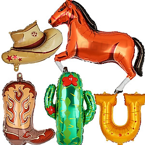 Western Themed Party Balloons Horse Horseshoe Boot Cowboy Hat Balloon Cactus Balloons Wild West Western Baby Shower First Rodeo Birthday Bachelorette Party Decor Supplies 5 Pcs