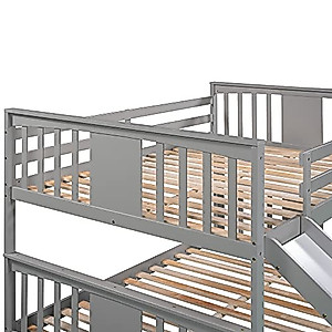 ERDAYE Full Over Full Bunk Bed with Slide and Ladder, Wood Bunkbed w/Safety Guardrails, Solid Slat Support Bedframe for Kids Teens, No Box Spring Needed, Grey