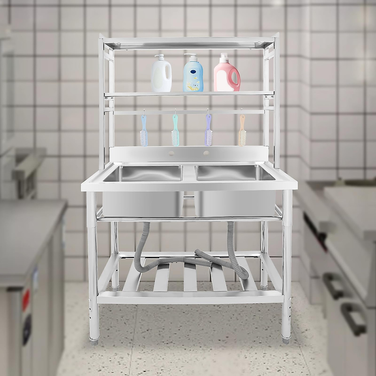 Bokknppo 2-Compartment Commercial Sink 304 stainless Steel Sink with Double-Layer Shelves Hanging Tools Freestanding Utility Sink for Kitchen Restaurant Bathroom, 35.43 * 21.26 * 67.72in