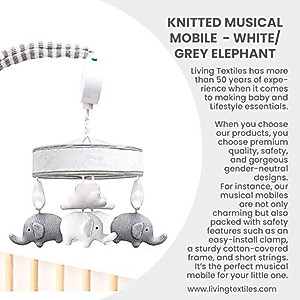 Living Textiles Baby Musical Mobile - Grey Elephants | Crib Toy, Knitted Hanging Toys, Nursery Decor, Calming Soother with 12 Lullabies | Baby Essential and Perfect Baby Toy for Boys and Girls