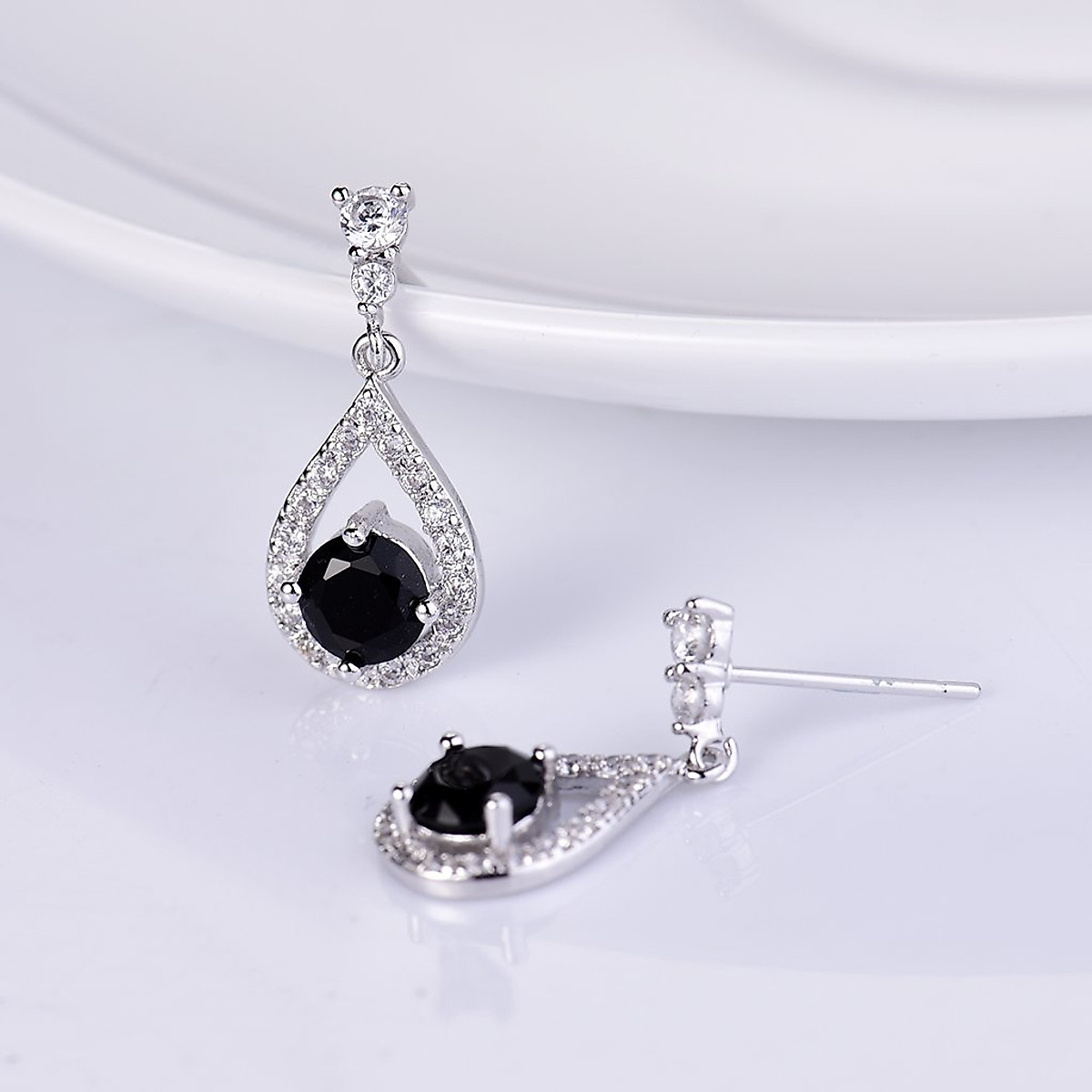 GULICX Silver Plated Base Vintage Black Round Crystal Cubic Zirconia Dangle Drop Earrings Party Jewelry
