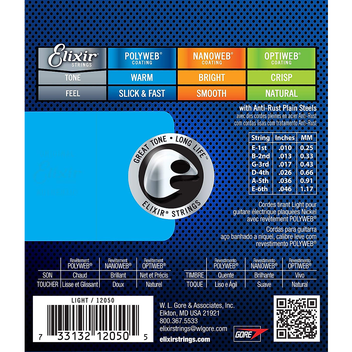 Elixir Strings, Electric Guitar Strings, Nickel Plated Steel with POLYWEB Coating, Longest-Lasting Warm Tone with Comfortable Feel, 6 String Set, Light 10-46