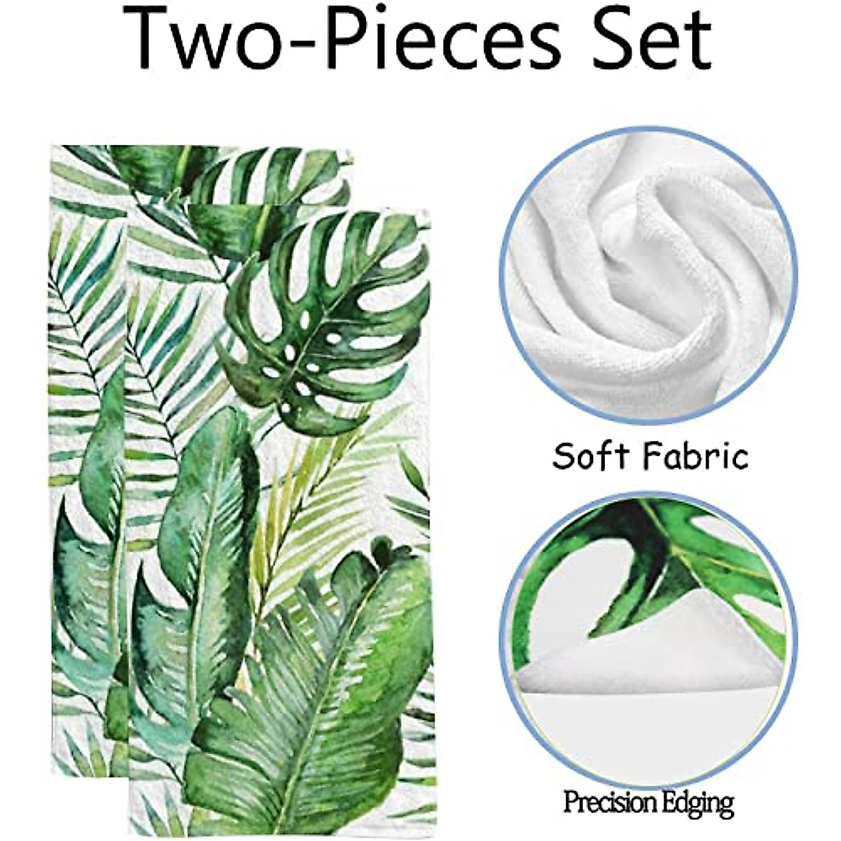 Vantaso Bath Hand Towels Face Terry Towel Washcloth Couple Bathroom Set of 2 Green Tropical Palm & Fern Leaves Kitchen Decor Soft Quick Dry Super Absorbent 30 X 15 inch