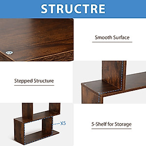 Epetlover 5 Tier Bookshelf S-Shaped Geometric Bookcase Wooden Floor Standing Open Shelf Bookshelves Display Storage Shelf & DVD Shelves for Living Room Bedroom Office, Rustic Brown