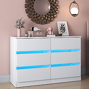 Gdvsclr 6 Drawer Double Dresser, Bedroom Dresser with Led Light, Wood Dresser for Nursery, Living Room, Hallway, Handless Design, 47.2''W×15.7''D×30.2''H (White)