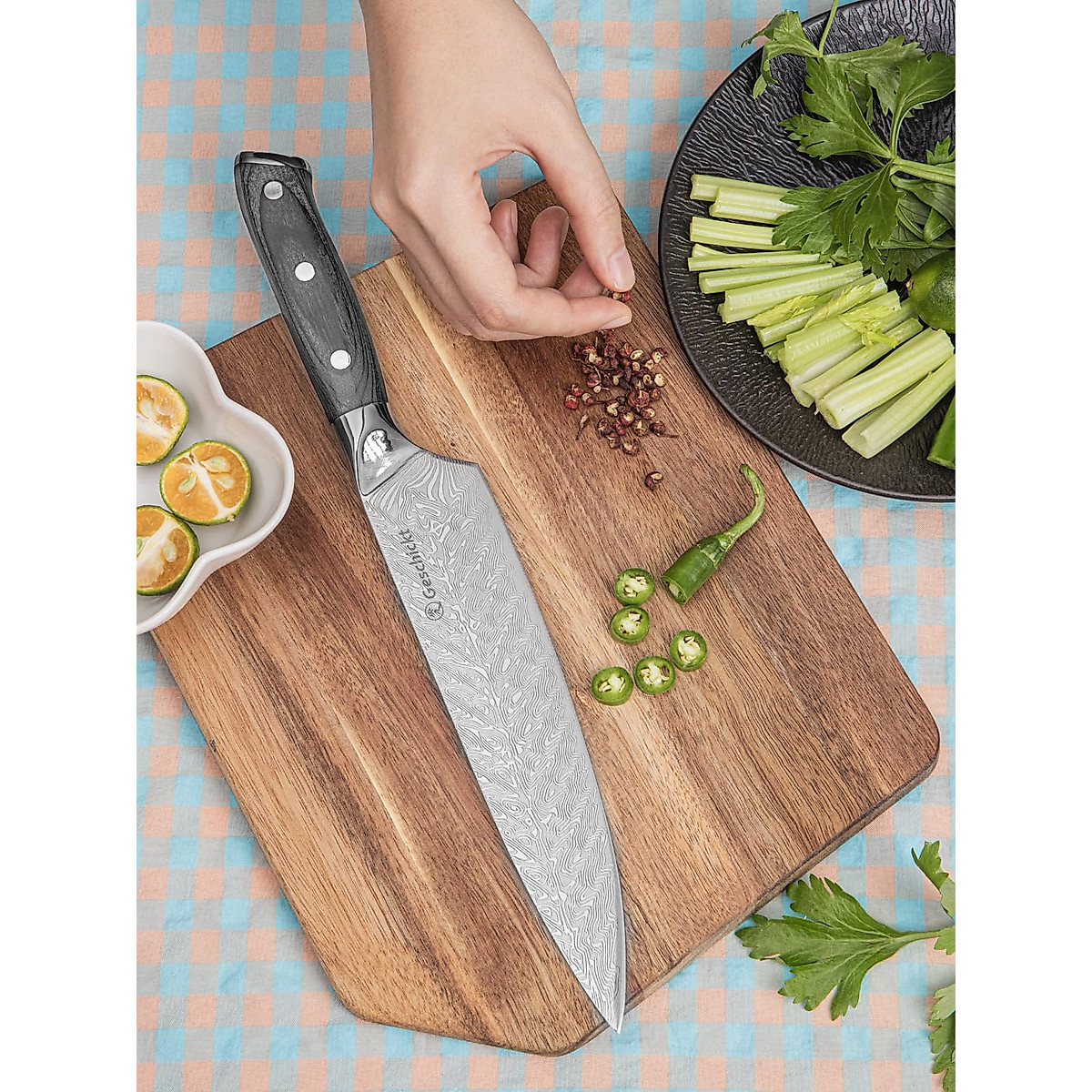 Geschickt Chef knife, Kitchen Knife 8'' with Improved Thicker Handle for Comfort & Balance, Razor Sharp Forged Full Tang Knife, High Carbon Stainless Steel, Ergonomic Design, Grey