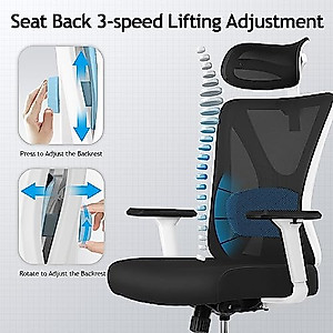 KERDOM Ergonomic Office Chair, Rolling Swivel Executive Desk Chair, Breathable Mesh Gaming Chair with Adjustable Headrest, 3D Armrest and Lumbar Support for Home Office White