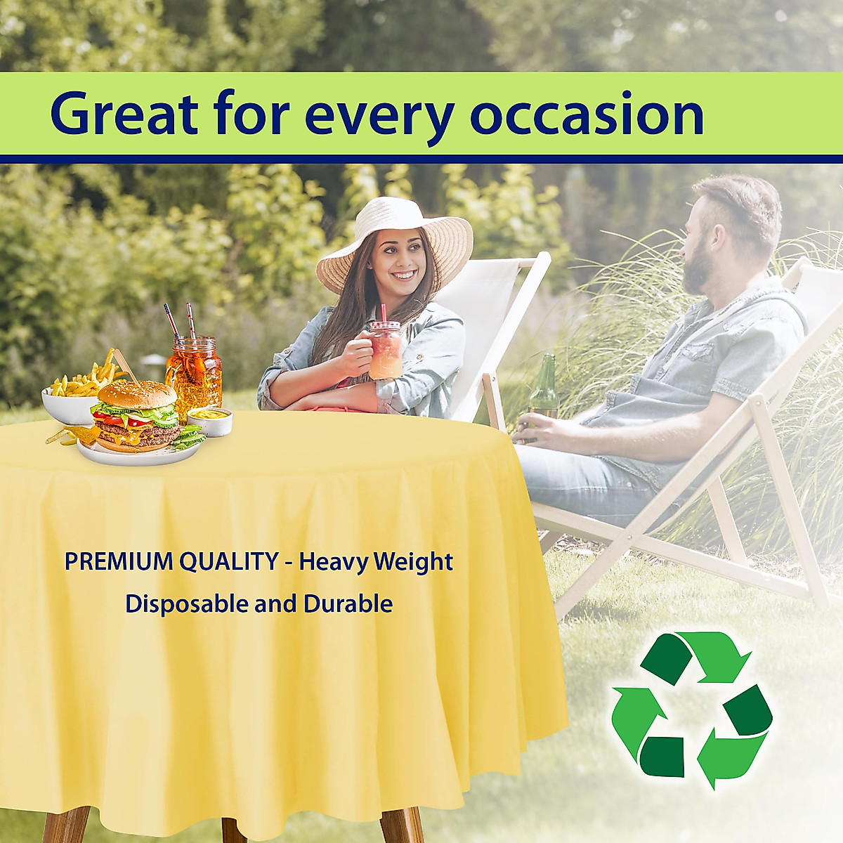 Yellow Disposable Plastic Tablecloth for Round Tables (12 Pack) 84 inches Table Cloths for Parties, Events & Weddings, Indoors & Outdoors, Plastic Table Cover