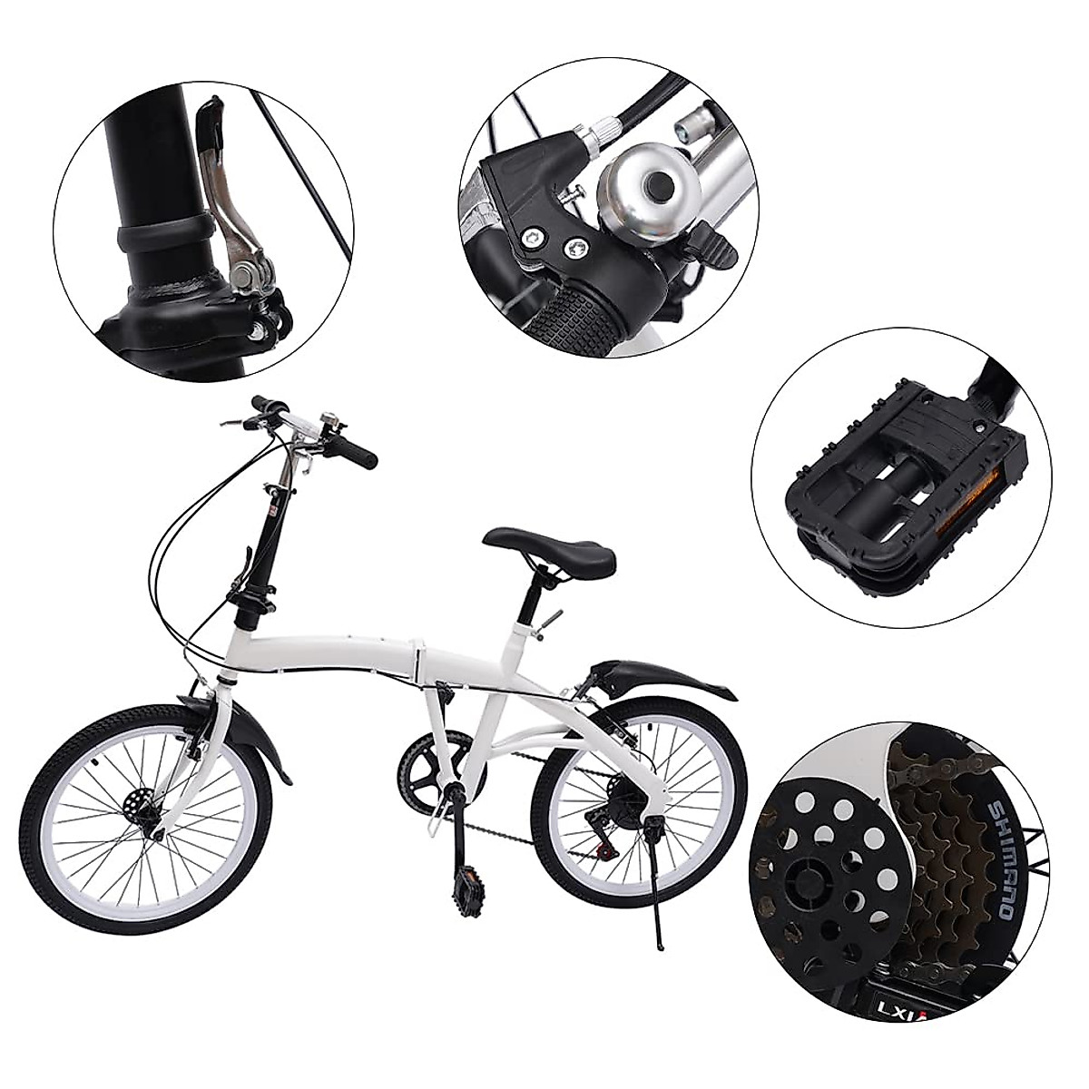 GMSLuu Adult Folding Bike, 20-inch Wheels with 7-Speed Drivetrain, Carbon Steel Frame Bike for Women and Men, Lightweight Bicycle for Work School, White Portable Camping Bicycle