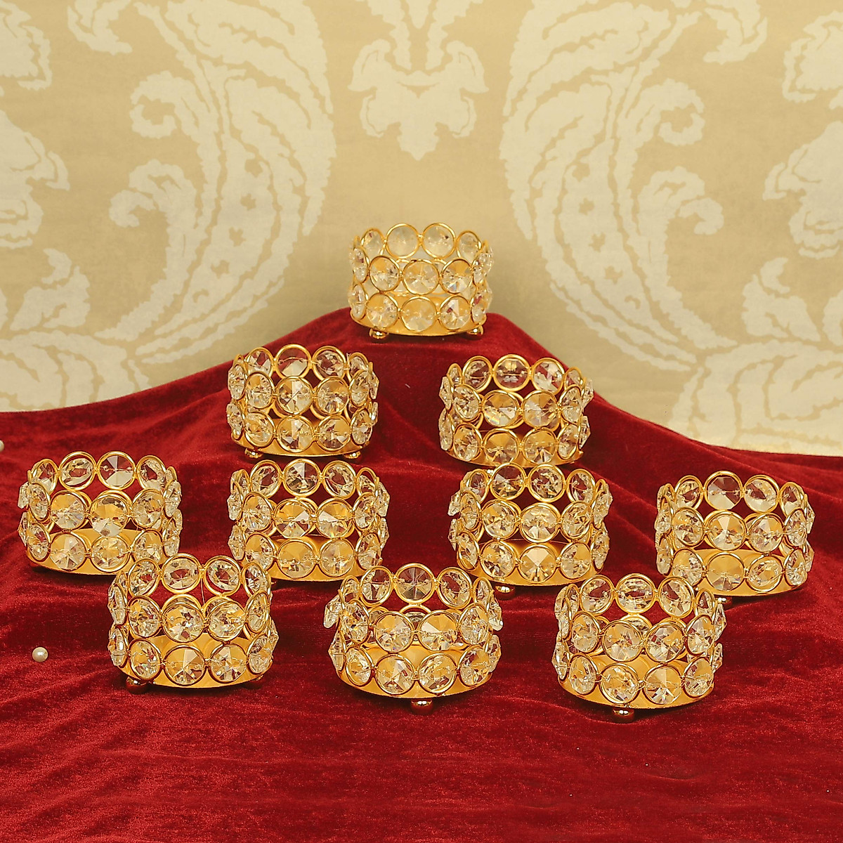 TIED RIBBONS 10 Pcs Crystal Tealight Candle Holders | Metal Rim, Golden | 2 Inch | Votive Tealights Holder | Crystal Glass Candle Holder for Table Centerpiece, Wedding, Housewarming, Anniversary