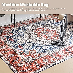 VK Living Washable Rug, 9'x12' Stain Resistant Washable Rug,Machine Washable Rug with Non-Slip,Vintage Bohemian Area Rug for Living Room Bedroom Dining Home Office Area Rug (Red, 9'x12')