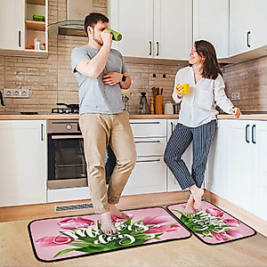 ALAZA Happy Mother's Day Pink Tulip Flower Floral 2 Piece Kitchen Rug Floor Mat Set Runner Rugs Non-Slip for Kitchen Laundry Office 20" x 28" + 20" x 48"
