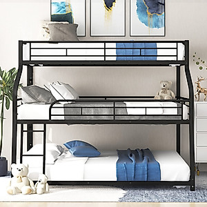 YOPTO Twin XL/Full XL/Queen Triple Bunk Bed with Long and Short Ladder and Full-Length Guardrails,Metal Bed-Frame for Bedroom/Living Room/Apartment,Guest-Room,Black