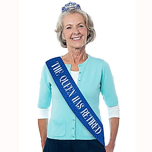 Retirement Tiara & Sash Set – The Queen Has Retired Sash and Crown with Rhinestones for Women & Large Gold Safety Metal Pin. Great for Retirement Party & Events (Blue)