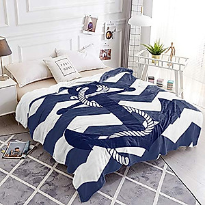 SUN-Shine Flannel Throw Blanket Nautical Sailing Blue Anchor,Warm Lightweight Blankets for Couch Sofa Bedroom Living Room White Stripe Chevron Ripple,Cozy Microfiber Stadium Throws All Seasons Use