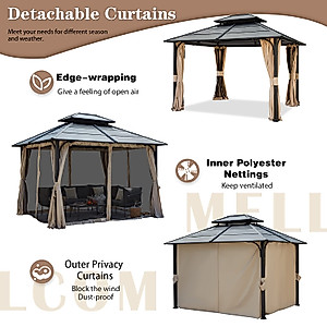 MELLCOM 10 x 12 FT Iron Hardtop Gazebo, Double Roof Gazebo with Curtains and Netting, Waterproof Canopy Gazebo with Anti-Rust Coating Frame for Patios, Lawns, Gardens, and Backyard