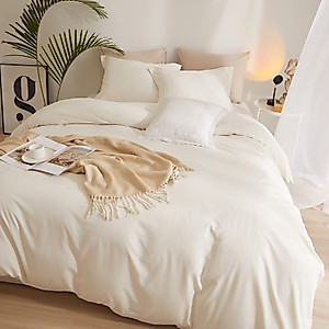 ROOMLIFE 3 Pieces Cream White King Duvet Cover Set Minimalist White Cozy Bedding for All-Season,Comfy Pre-Washed Fabric 3 Bed Set King Size(1 Soft Duvet Cover with Zipper Corner Ties + 2 Pillowcases)