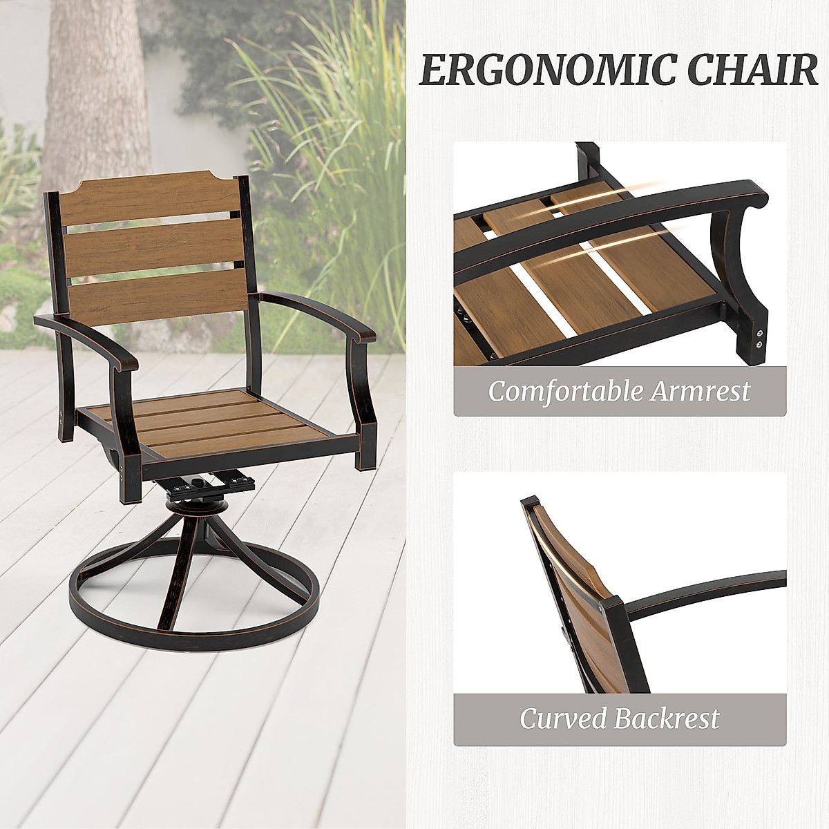 Cozyman Outdoor Dining Chair Set of 2, Swivel Rocking Patio Chairs, HDPE Seat with Aluminum Frame Patio Dining Chairs, Outdoor Chairs, Balcony Chair for Backyard Deck Porch, Brown-Oil Printed