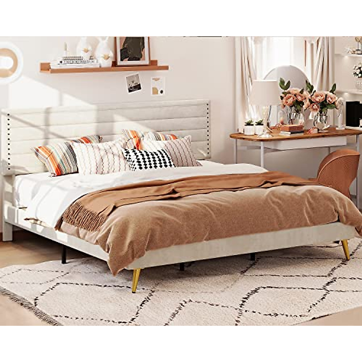 LIKIMIO King Size Bed Frame, Upholstered Platform Bed King with Headboard Heavy Strong Metal/Wood Supports, Easy Assembly, Noise-Free, No Box Spring Needed, Beige