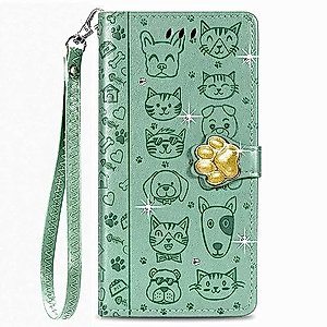 ONV Wallet Case for Oppo Realme 7 Pro - Sparkly Cute Animal Leather Folio Cover + Strap Card Holder Anti-Shock Kickstand Magnet Flip Case for Oppo Realme 7 Pro [MG] -Green