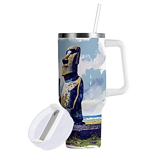 KUEJOP Stainless Steel Vacuum Insulated Tumbler Moai Statues Water Bottle with Lid and Straw