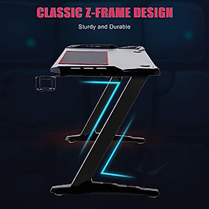 CO-Z 55 Inch Gaming Desk, Z Shaped Gaming Table with 6-Color RGB Lighting, Large Mouse Pad, Controller Stand, Cup Holder & Headphone Hook, Writing Desk Computer Desk for Home Office and More, Black