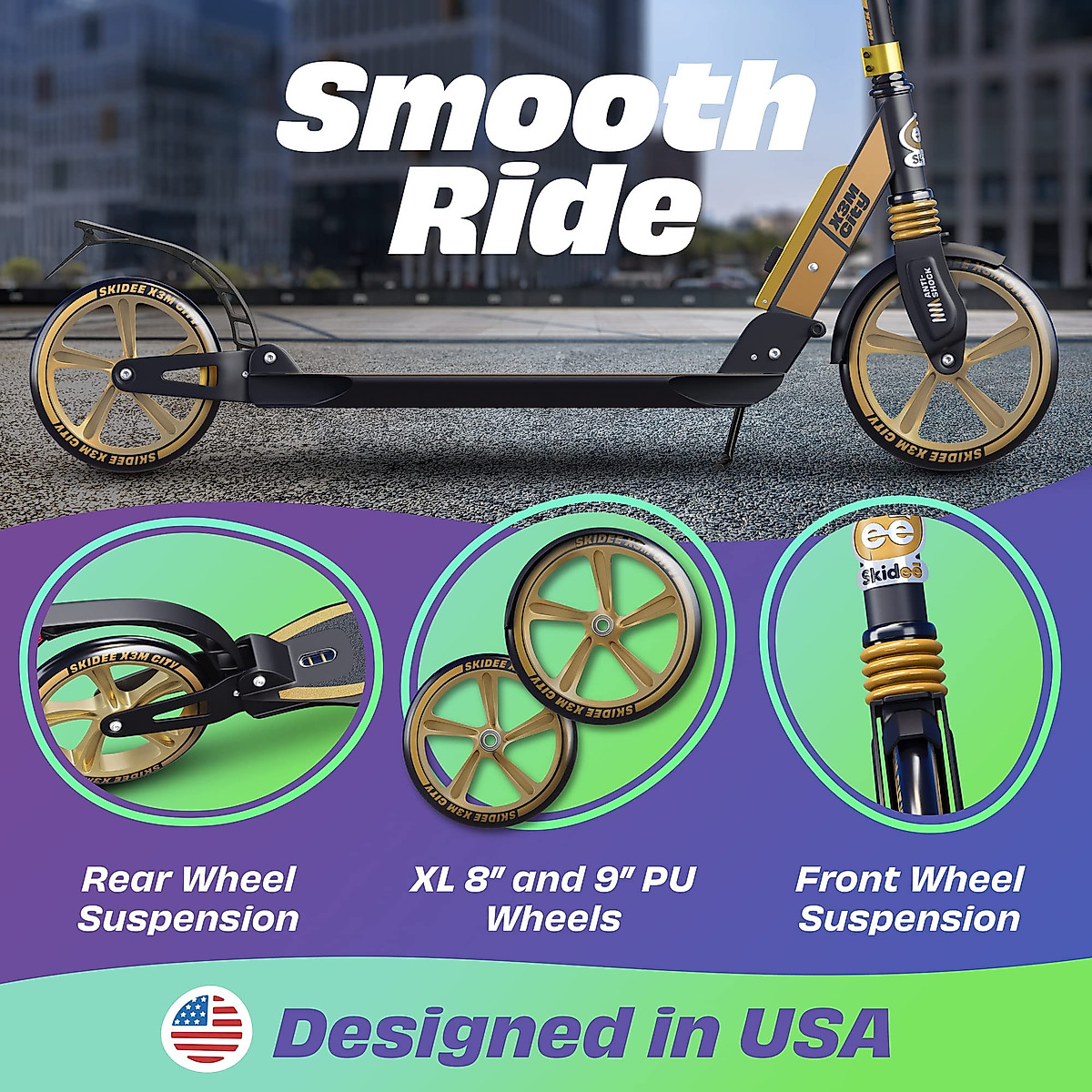 Scooter for Kids Ages 6-12 - Scooters for Teens 12 Years and Up - Adult Scooter with Anti-Shock Suspension - Scooter for Kids 8 Years and Up with 4 Adjustment Levels Handlebar Up to 41 Inches High