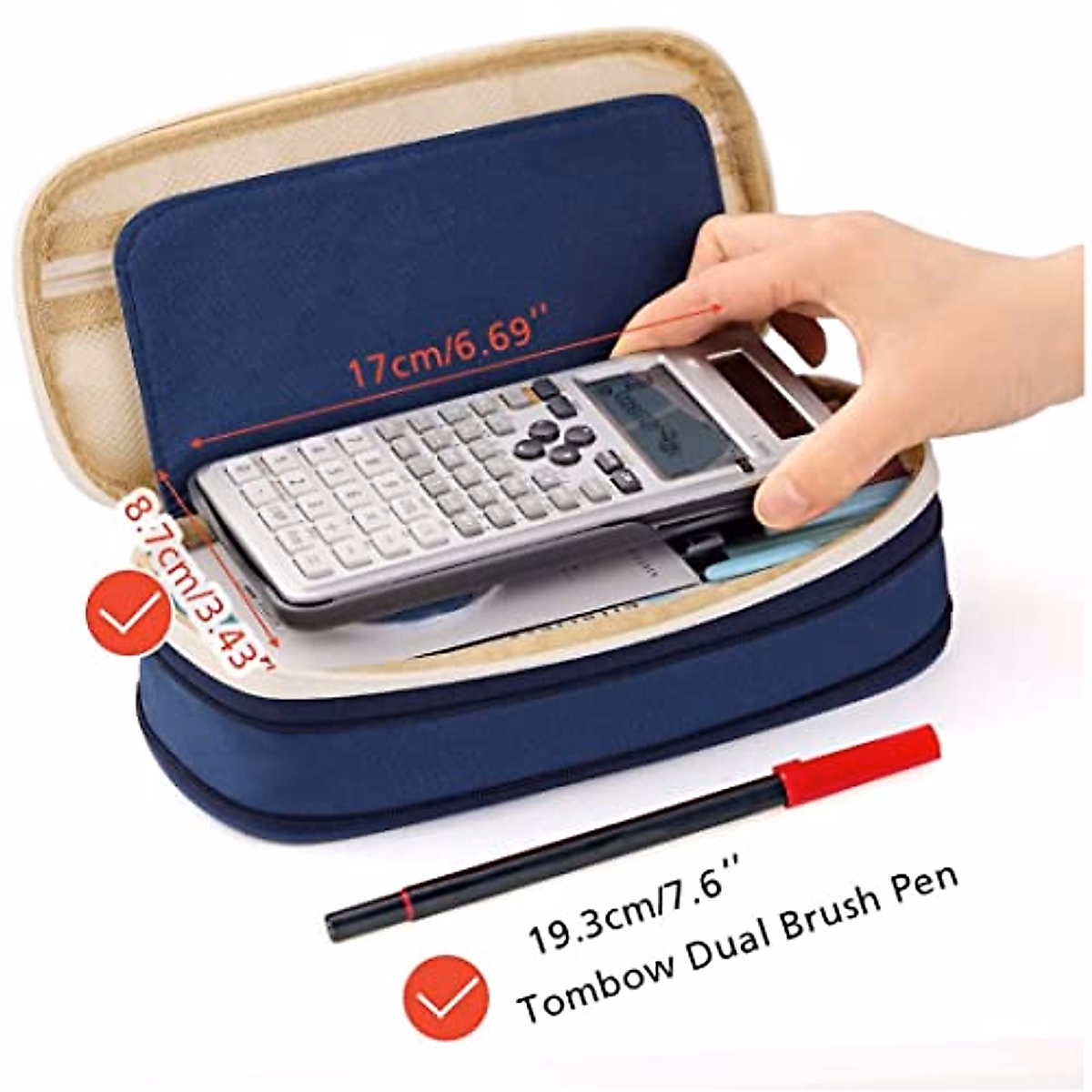 Eaarliyam Pencil Case,Expandable Pencil Case, Large Capacity Pencil Cases Pen Bag Pouch Holder School Stationery Organizer Makeup Cosmetic Bag,Navy+Beige Aesthetic Pencil Case