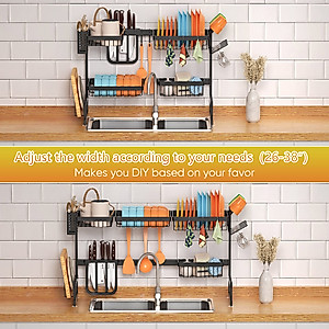 PUSDON Over Sink Dish Drying Rack (26"-37"), Adjustable Large Dish Drainer for Storage Kitchen Counter Organization, 2 Tier Stainless Steel Over Sink Dish Rack Display (Black, Sink Size≤37inch)