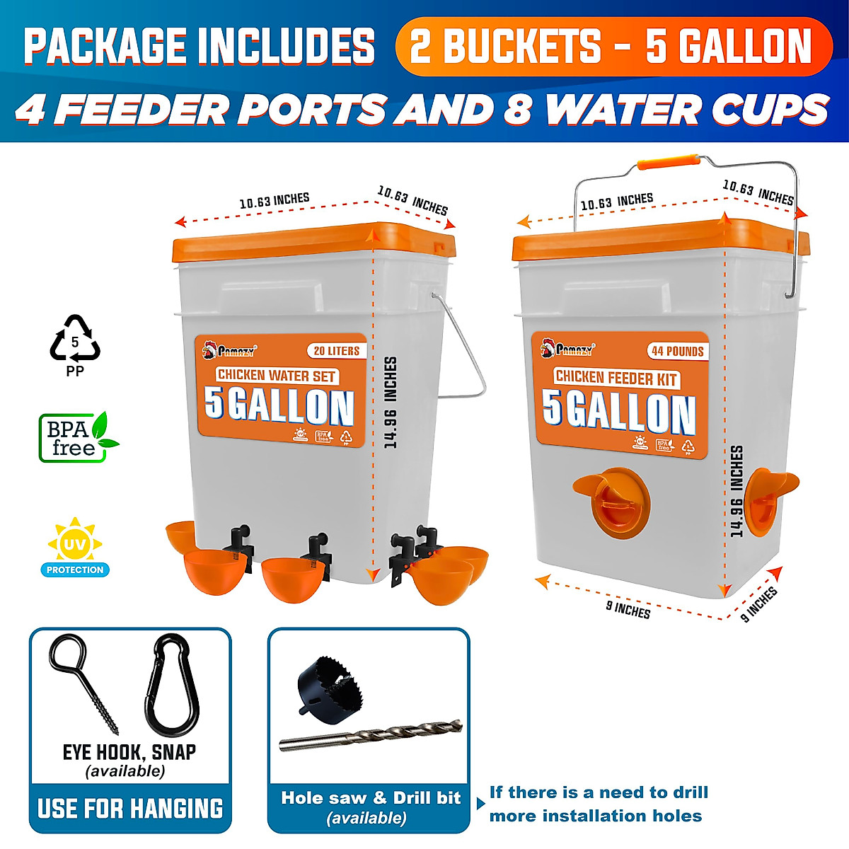 PAMAZY 5-Gallon/44 Pounds Automatic Chicken Feeder &Waterer Set2 Buckets),Chicken PortWater Cup NoWaste,Rain Proof Poultry Feeder,Avoid Small Animals. Suitable for Chicken,Duck,Turkey,Grey,OrangeCKF)