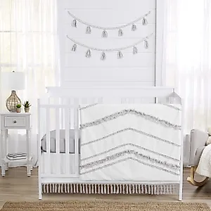 Sweet Jojo Designs Boho Bohemian Baby Boy Girl Nursery Crib Bedding Set - 4 pieces - Grey White Farmhouse Shabby Chic Designer Modern Minimalist Gray Tuft Tufted Tassel Fringe Macrame Cotton Neutral