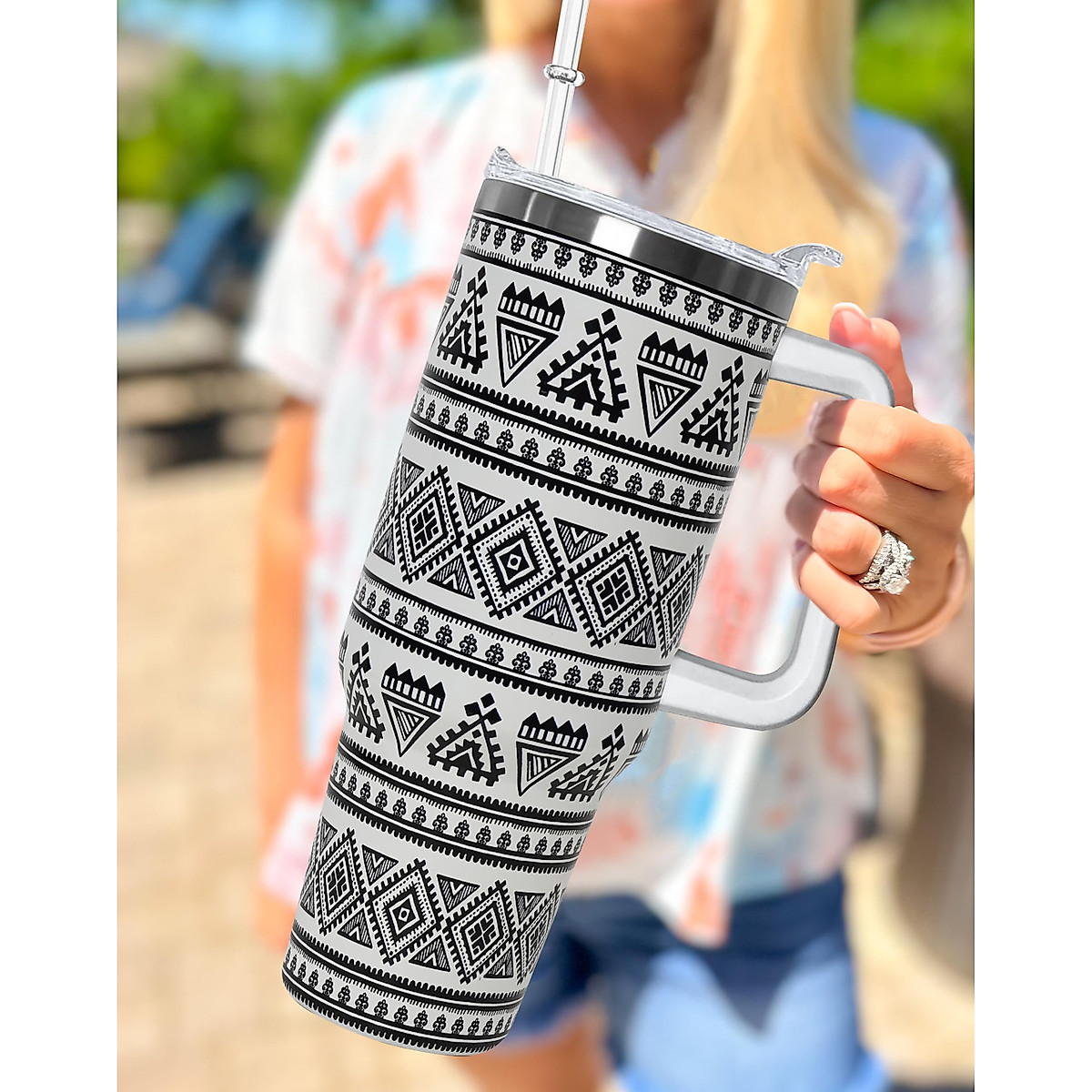 omezin 40 Oz Boho Tumbler With Handle 40oz Boho Tumbler With Lid Straw Double Insulated Travel Coffee Mug Womens Boho Cup Gifts