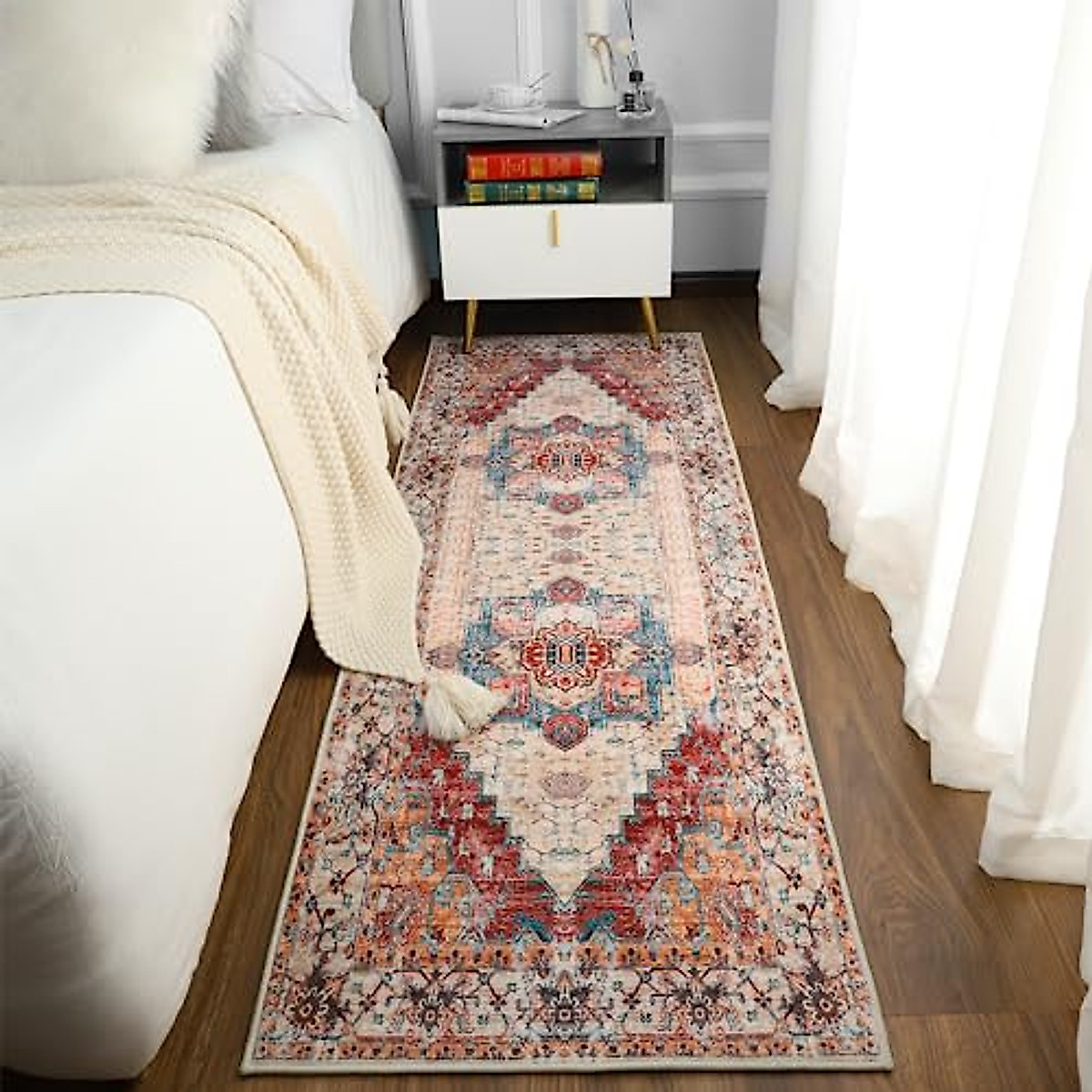 Comeet Washable Runner Rug - 2x6 Boho Hallway Runner Rug, Non-Slip Kitchen Bathroom Runner Rugs, Long Vintage Accent Area Rug for Entryway Laundry Bedroom Orange/Blue